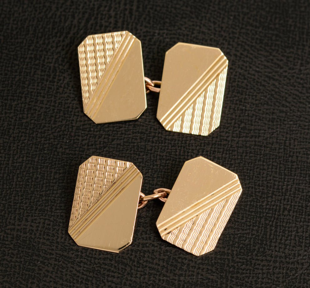 Pair Vintage Gents 9ct Gold Classic Cufflinks Chain Link Engine Turned ...