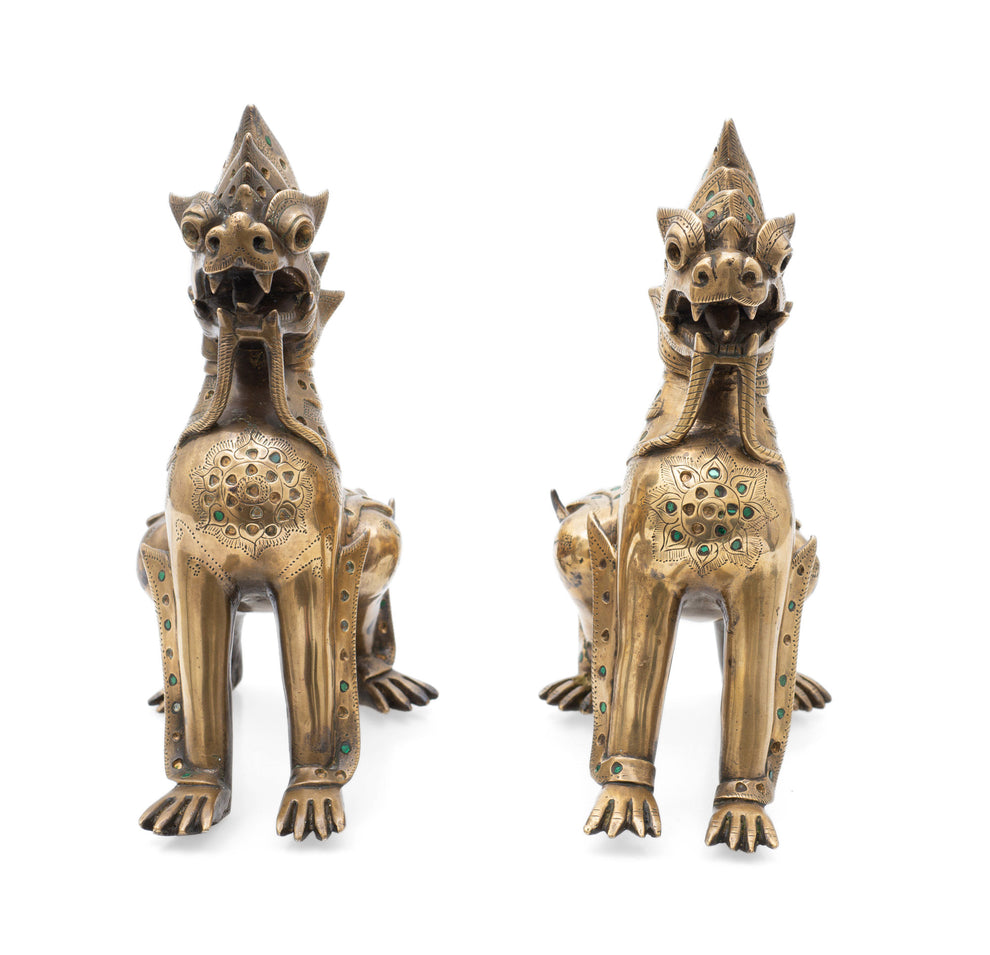 Pair Antique Burmese Cast Bronze Chinthe Temple Guardians with Glass J ...