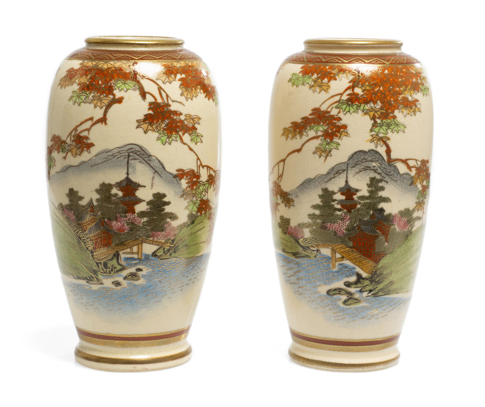Pair Antique Japanese Satsuma Ware Vases Decorated by the Bizan Worksh ...