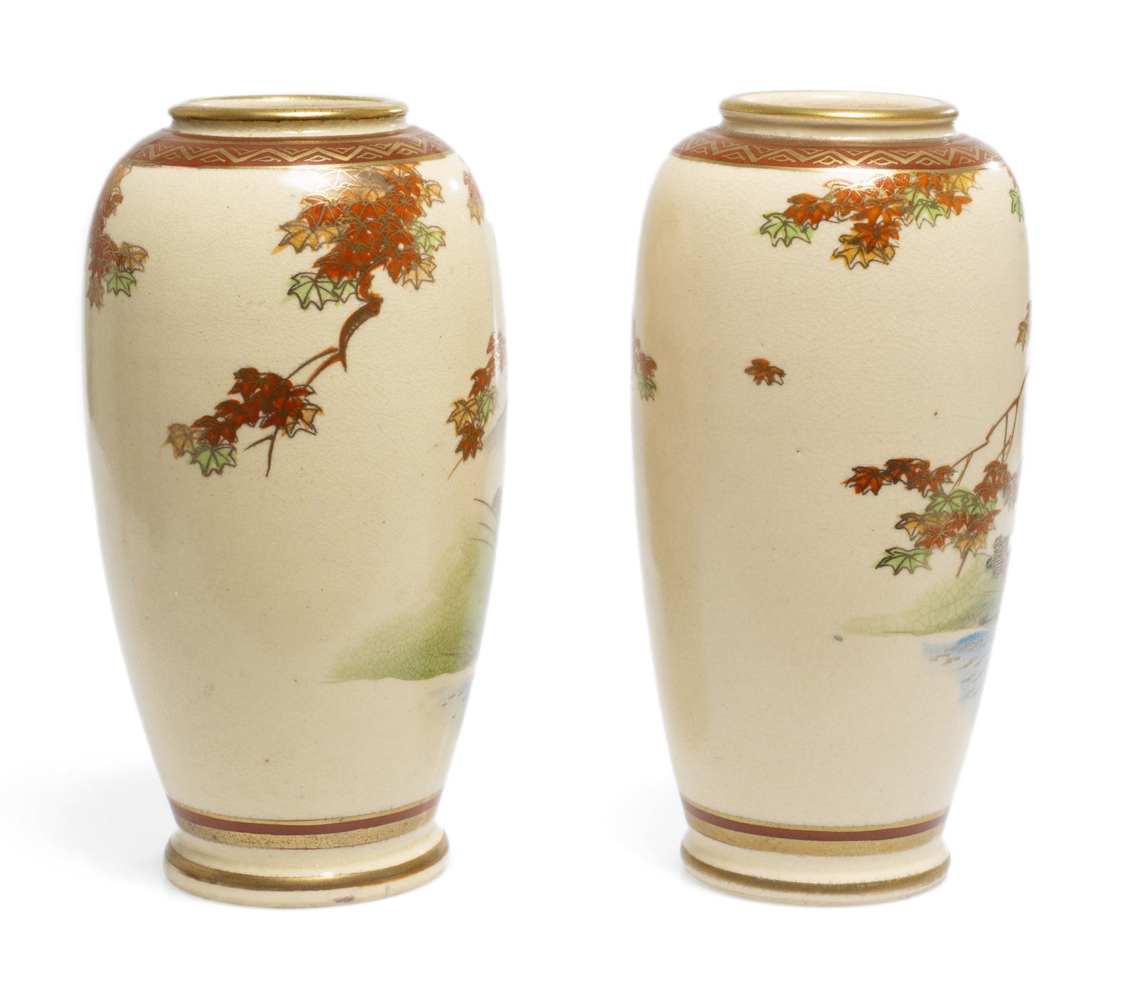 Pair Antique Japanese Satsuma Ware Vases Decorated by the Bizan Worksh ...