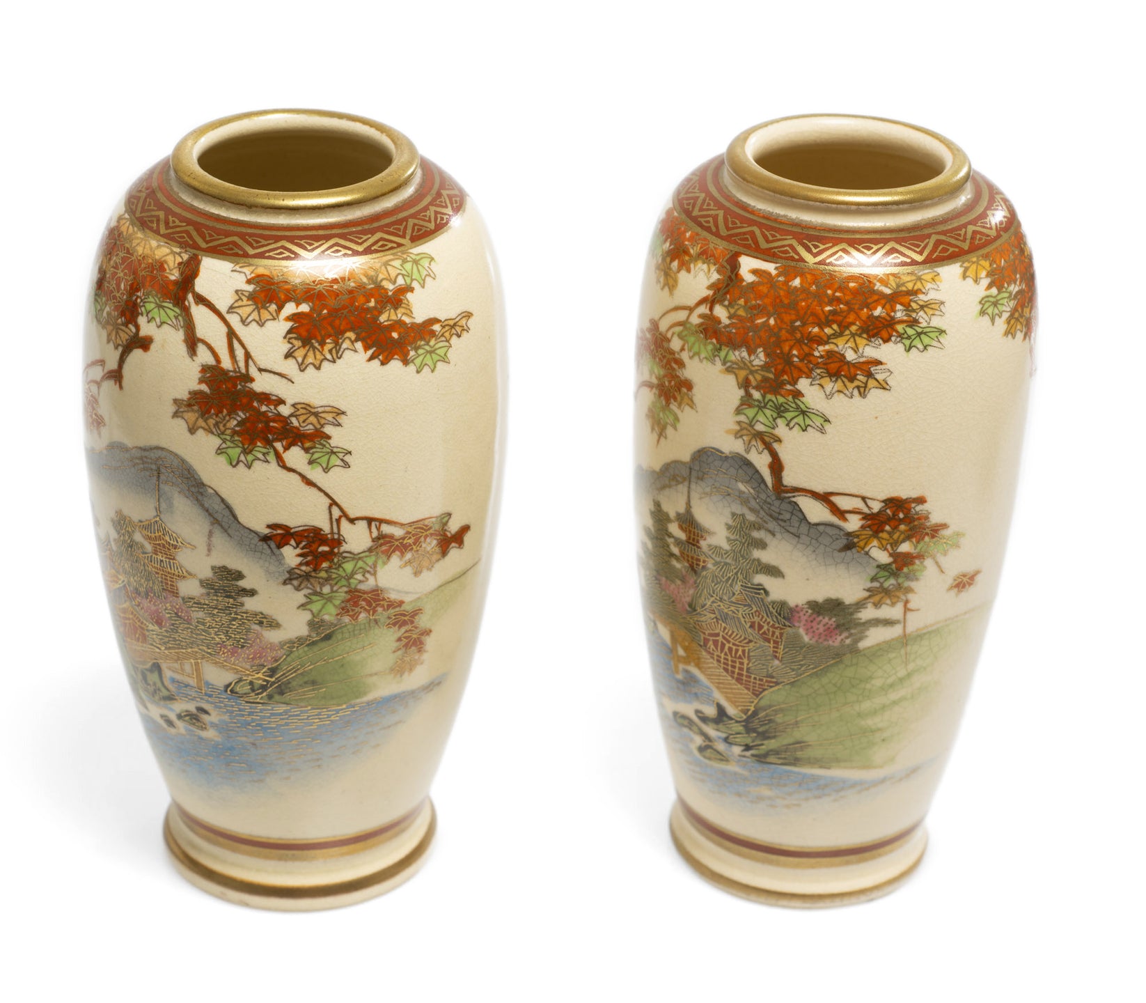 Pair Antique Japanese Satsuma Ware Vases Decorated by the Bizan Worksh ...