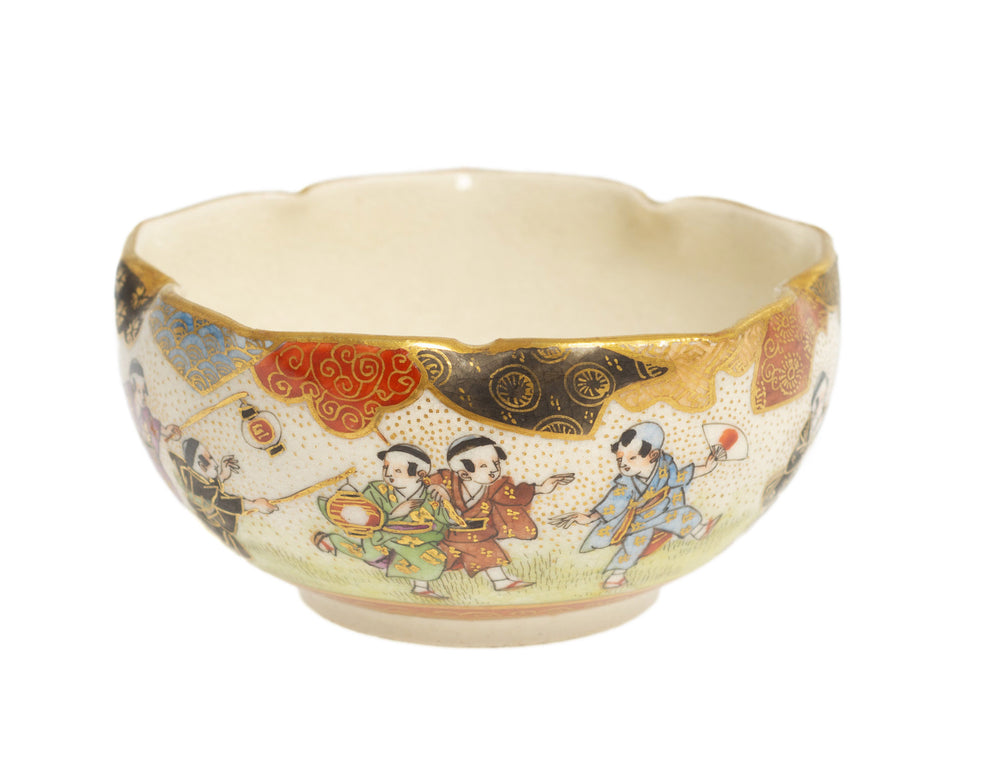 Antique Japanese Satsuma Miniature Bowl Hand Painted Children, Fans ...